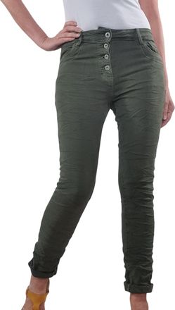 Jewelly Stretch Jeans| im Baggy Boyfriend Schnitt| Damen Hose mit dekorativer Knopfleiste| Perfekter Sitz (XS, Khaki)