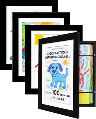 Americanflat Cadre Dessin Enfant &agrave; Changer A4 Noir avec Passe-Partout et 25,5 x 32 cm sans Passe-Partout - Cadres avec Ouverture Frontale Pouvant Contenir 100 Pi&egrave;c