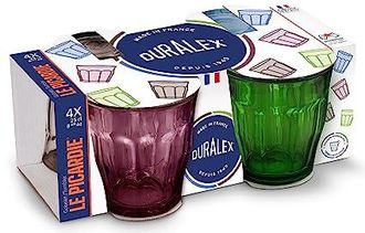 Duralex Lot de 4 verres à boire fabriqués en France Picardie Taille 24 cl Couleurs mélangées : prune, vert, bleu marine, gris