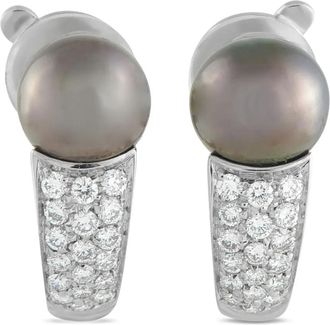 Boucheron boucles doreilles &agrave; fermoir clip en or blanc 18 ct avec perle noire et diamants - Argent