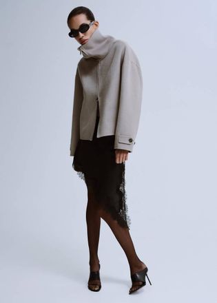 Mango Asymmetrischer kurzer Satinrock mit Spitzenbesatz schwarz - Damen - XS - MANGO