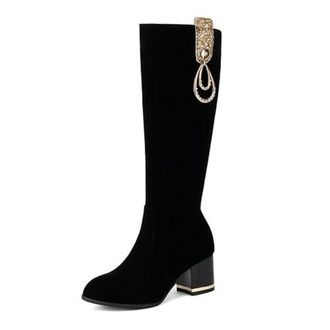 Generic Bottes d&eacute;quitation en daim synth&eacute;tique pour femme - Confortables - Bout rond - Talon bloc - Fermeture &eacute;clair lat&eacute;rale - Chaussures dhiver chaudes, Noi