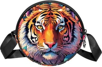 Generic Petit sac &agrave; bandouli&egrave;re rond pour femme, motif fleur de tigre, sac &agrave; dos avec fermeture &eacute;clair, bretelles r&eacute;glables, sac &agrave; main rond d&eacute;contract&eacute; pour 