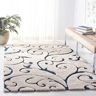 Safavieh Zottelig Teppich für Wohnzimmer, Esszimmer, Schlafzimmer - Florida Shag Collection, Hoher Flor, Creme und Blau, 99 X 160 cm