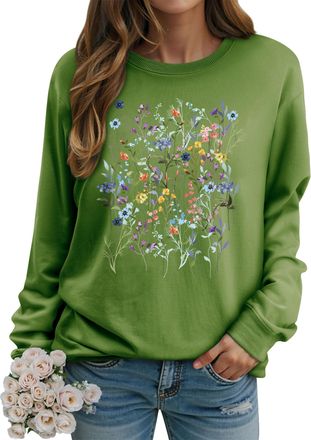 Dresswel Sweatshirt Damen Vintage Inspirierte Botanisches Blumen Druck Rundhals Langarmshirt Baumwolle Pullover Herbst Winter Langarm Oberteile Tops