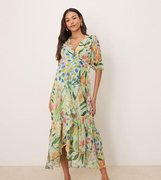 Hope & Ivy Maternity Robe portefeuille longue imprimée avec manches à volants et liens à la taille - Vert