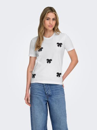 Only Kurzarmshirt ONLY ONLKITA REG S/S PRINT TOP NOOS, Damen, Gr. XS, wei&szlig; (hellwei&szlig; detail:schwarz cute bows), Jersey, Obermaterial: 100% Baumwolle, bedru