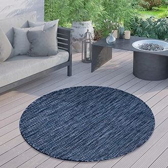 Paco Home Tapis Extérieur Rond Résistant Aux Intempéries Balcon Terrasse Tapis De Cuisine Motif Monochrome, Dimension:120 cm Rond, Couleur:Bleu