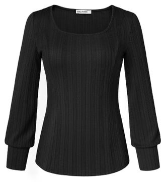 Grace Karin Damen Elegant Strickpullover Herbst Quadratischer Kragen Tunika Langarm Sweateshirt L Schwarz