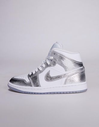Nike Jordan Nike - Air Jordan 1 - Baskets mi-hautes - Blanc et argent&eacute; m&eacute;tallis&eacute;