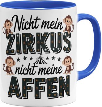 OM3 lustige Kaffee-Tasse mit Spruch - Nicht mein Zirkus nicht meine Affen - Zirkuszelt &Auml;ffchen - Statement B&uuml;rotasse IV - Keramik Becher - 325ml - Beidsei