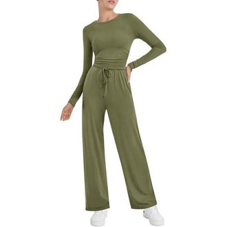 Generic Costume extensible pour femme - Tenue dautomne deux pi&egrave;ces - Surv&ecirc;tement &agrave; manches longues - Haut court &agrave; manches longues - T-shirt - Pantalon large -
