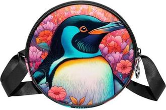 Generic Sac &agrave; bandouli&egrave;re rond pour femme, motif pingouin &agrave; dessin color&eacute;, petit sac &agrave; dos &agrave; bandouli&egrave;re avec fermeture &eacute;clair, bretelles r&eacute;glables, sac &agrave; mai