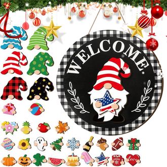 Generico Auswechselbares Willkommensschild für Haupttür, austauschbare Holzdekorationen, Heimdekoration mit magnetischen Teilen und abnehmbaren Hüten, für Weih