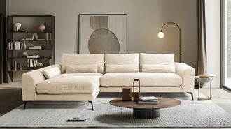 Studio Copenhagen home24 Ecksofa Beige Cordstoff Lola 313 x 85 x 172cm Longchair davorstehend links Modern
