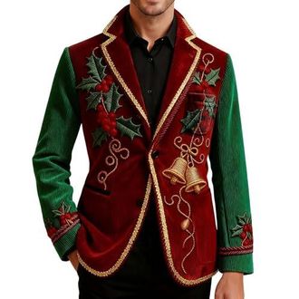 Generic Costume de Noël pour homme, vêtements de Noël pour homme, veste de Noël avec motif brodé festif, col à revers confortable, avec boutonnière pour les o