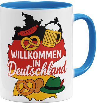 OM3 Einb&uuml;rgerung Geschenk Kaffee-Tasse Herzlich Willkommen in Deutschland - Einwanderung - Keramik Becher - 325ml - Beidseitig Bedruckt - Hellblau