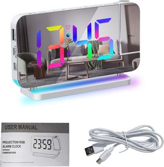 Dioche Projektionswecker mit 7-Zoll-RGB-Spiegel-LED-Display, um 180&deg; Drehbarer Projektor, 6-stufige Helligkeit und USB-Aufladung, Ideal f&uuml;r den Einsatz Im Sc