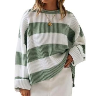 Generic Pull &agrave; col rond c&ocirc;tel&eacute; et aux couleurs contrast&eacute;es pour femme, pull &agrave; manches longues et &eacute;paules tombantes, confortable &agrave; rayures r&eacute;tro, vert clair, X
