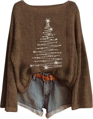 Generic Pull de Noël pour femme avec motif darbre de Noël et col rond - Pull tricoté décontracté à manches longues, café, XL