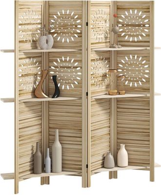 HOMCOM Paravent int&eacute;rieur - HOMCOM - 4 panneaux et 3 &eacute;tag&egrave;res - pliable - bois de paulownia - 160 x 170 cm - bois naturel