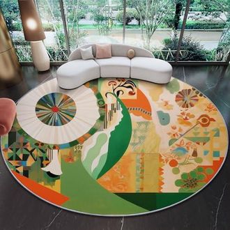 Generic Tapis Rond Lavable en Machine 100 cm, Couleur Orange Carpette Douce Antid&eacute;rapant Flanelle, Abstrait &Eacute;l&eacute;ments g&eacute;om&eacute;triques Architecture Imprim&eacute; Tapis p