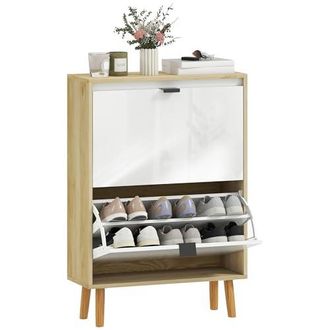 HOMCOM Rack &agrave; Chaussures avec 2 Portes en Blanc Brillant, Rack &agrave; Chaussures entr&eacute;e avec &eacute;tag&egrave;res r&eacute;glables Pieds en Bois, pour 12 Paires de Chaussures, 60x24