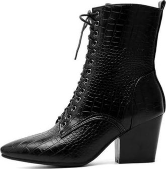Generic Bottines &agrave; lacets pour femme &agrave; talon haut et bout pointu avec fermeture &eacute;clair lat&eacute;rale, Noir, 38.5 EU