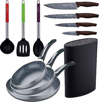 San Ignacio 3 Pfannen-Set (16 + 20 + 24 cm) aus gepresstem Aluminium, Induktion, schwarz Soul Marble mit 3 Kuchenutensilien-Set aus Nylon mit 4 Messern