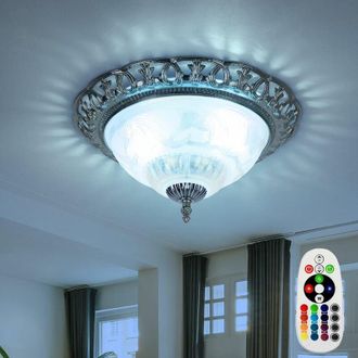 Globo Lighting Deckenlampe dimmbar mit Fernbedienung led Wohnzimmerlampe antik silber Deckenleuchte rund, Retrolampe Perlmutt verschnörkelte Elemente