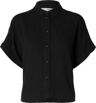 Selected Damen Bluse elegant Knopfleiste Hemdkragen Kurzarm gerader Saum, Farben:Schwarz-3, Größe:34