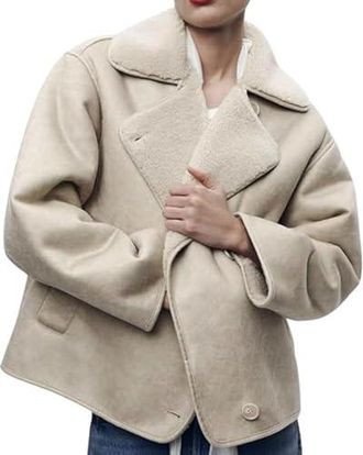 Generic Veste en faux daim doubl&eacute;e de sherpa &eacute;pais pour femme manteau en cuir surdimensionn&eacute; veste de moto en polaire en peau de mouton retourn&eacute;e pardessus dh