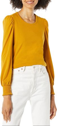 Amazon Essentials Damen Langarm-T-Shirt mit Rundhalsausschnitt und gesmokten Bündchen, Tabakbraun, XXL