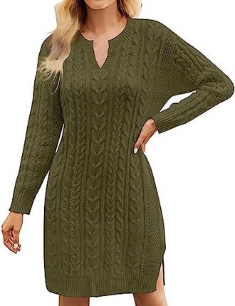 Generic Robe mi-Longue pour Femme Automne/Hiver Solide Fendue Ample Pull tricoté Robe Été Légère (Green, L)