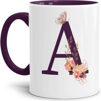 Tassendruck Buchstaben-Tasse mit Blumen - Buchstabe A - Innen & Henkel Violett - Mug/Cup/Becher/Edel/Geschenk-Idee/Beste Qualit&auml;t - 25 Jahre Erfahrung