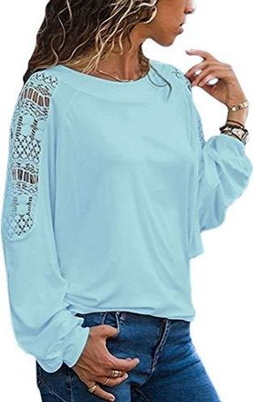 ORANDESIGNE Chemise à Manches Longues pour Femmes Fashion Casual Blouse en Dentelle Tops en Coton lâche T-Shirt Bleu Clair 48