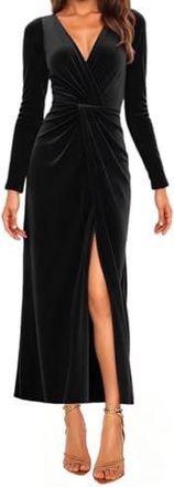 Minetom Robe Velours Femme Longue Hiver &Eacute;l&eacute;gante Col V Manches Longues C&eacute;r&eacute;monie Cocktail Mariage Soir&eacute;e F&ecirc;te Dress A Noir XL