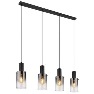 Globo Lighting Pendellampe Pendelleuchte Esstischleuchte Wohnzimmerlampe H&auml;ngeleuchte Lampe, 4 Flammig Rauchglas Metall schwarz, E27 Fassungen, LxBxH 102,5x12,5x150c