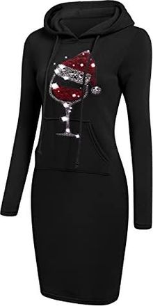 Generic Robes amincissantes 2026 pour femmes, chandail &agrave; capuche de No&euml;l, manches longues, cordon de serrage, l&eacute;ger, robe pull midi avec poche, Noir, XXL