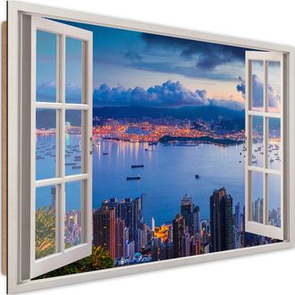 Feeby Wandbild XXL Fenster-Illusion Deko Kunst Bilder Stadt See Gebäude Blau 120x80 cm