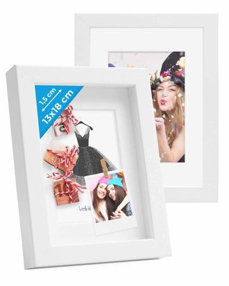 Photolini 3D Bilderrahmen zum Befüllen 13x18 Weiß, 1,5 cm tiefer Objektrahmen mit Glas, 2X tiefer Bilderrahmen 13x18 Holz MDF mit Passepartout, Dicker 3D Rahmen