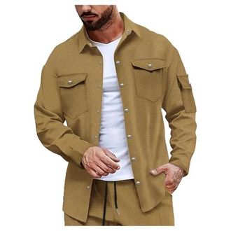 Generic Chemise &agrave; manches longues pour homme, chemise gaufr&eacute;e, coupe ample, boutonn&eacute;e, chemise de travail respirante, couleur unie, hauts d&eacute;contract&eacute;s, col &agrave; 