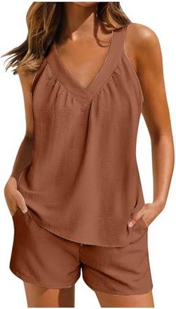 Generic Ensemble de pyjama sans manches pour femme - Élégant col en V froncé - Débardeurs et poches - Short - Vêtements de nuit dété décontractés - Vêtements 