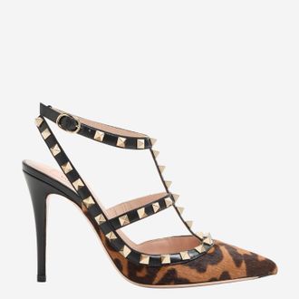 Valentino Garavani Womens Rockstud Pumps With Straps Miele-T.moro-Nero Calf Leather - Bos Taurus Miele-t.moro/nero