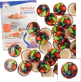 MamboCat 50er Set Deckel to 43, passend für 37 ml / 53 ml Gläser, Obstdekor lackiert, Schraubdeckel für Sturzgläser, mit Gummidichtung incl. GRATIS Diamant-Zuc