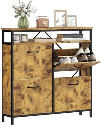 HOMCOM Schuhschrank mit 4 Klappen Schmal Schuhkipper mit Verstellbar Trennwand, offenem Fach Schuhregal f&uuml;r 12-20 Paar Schuhe Schuhaufbewahrung Schuhkommode 