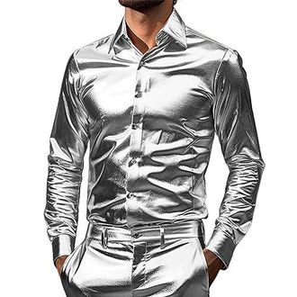 Generic ofeirhz Chemises pour homme adulte - Chemise de bal brillante &agrave; manches longues - Sans repassage - Sans plis - Col rabattable - Chemise d&eacute;contract&eacute;e -