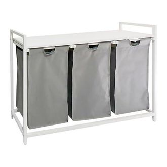 Relaxdays W&auml;schesammler mit 3 W&auml;sches&auml;cke, 150 L, Holzoptik Ablage, HBT: 73,5 x 109,5 x 33 cm, W&auml;schekorb, grau/wei&szlig;