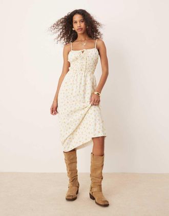 Kiss The Sky Robe mi-longue froncée - Jaune fleuri