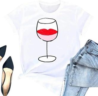 Keephen Verre &agrave; Vin Rouge F&ecirc;te &agrave; Boire T-Shirt Impression 3D Femmes Manches Courtes Col Rond Pullover Casual Vacances Tops